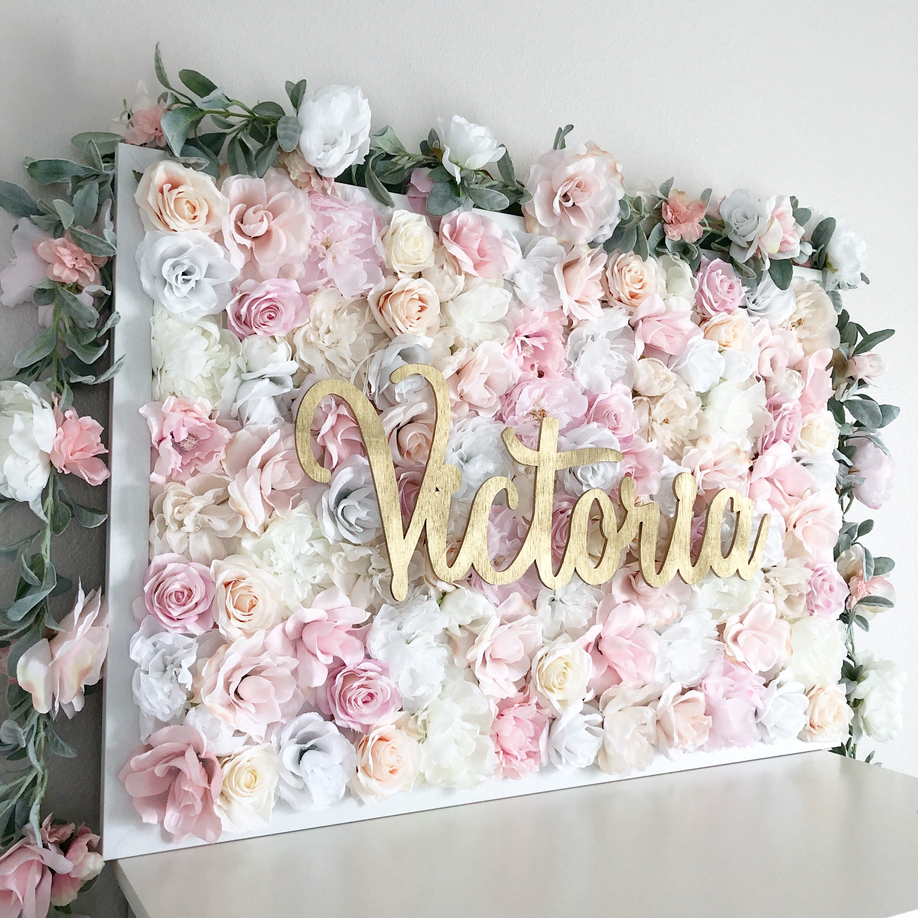 Bridal Floral Wall with Name Sign Faux Flower Personalized Wood Backdr ...